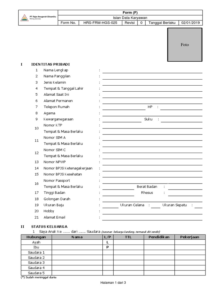 Form Isian Calon Karyawan - PT Fajar Anugerah Dinamika | PDF