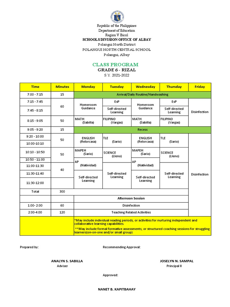 Class Program: Grade 6 - Rizal | PDF | Cognition | Behavior Modification