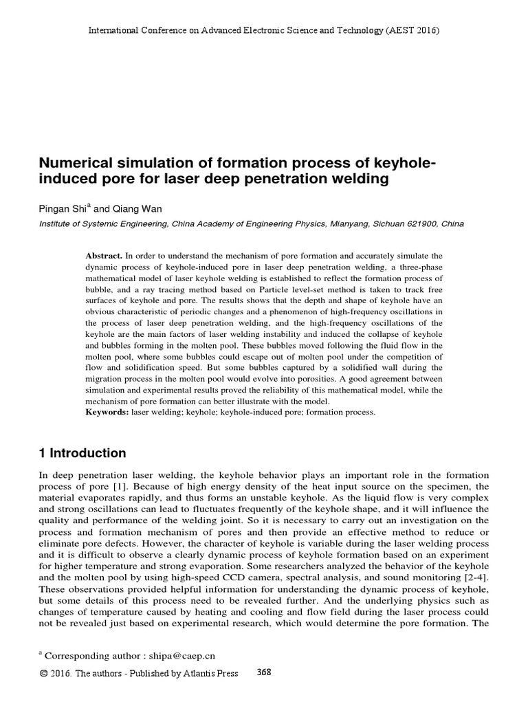 Numerical Simulation of Formation Process of Keyhole | PDF | Applied ...