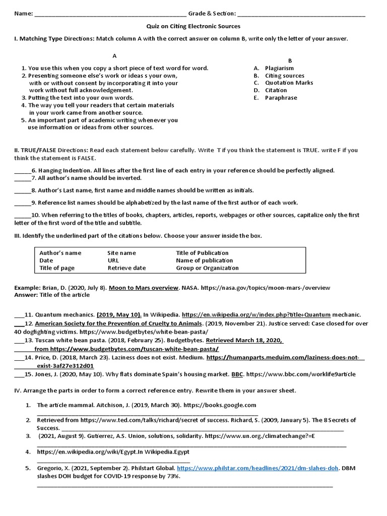 Quiz On Citation Pdf Citation