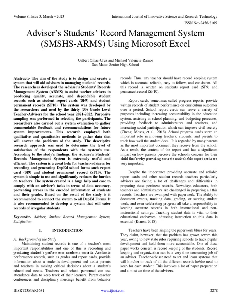 Adviser's Students' Record Management System (SMSHS-ARMS) Using ... Adviser's Students' Record Management System (SMSHS-ARMS) Using ...