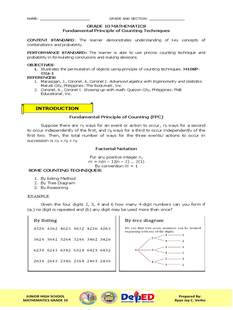 Grade 10 Mathematics Fundamental Principle of Counting Techniques | PDF ...