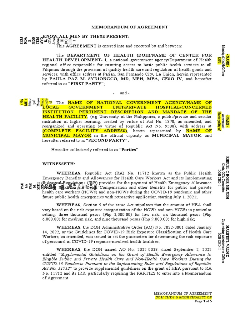 Memorandum of Agreement Page 1 of 5: Doh CHD I & Municipality of | PDF ...