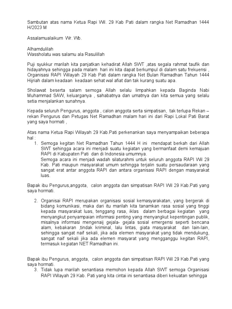 Sambutan Atas Nama Ketua Rapi Wil | PDF
