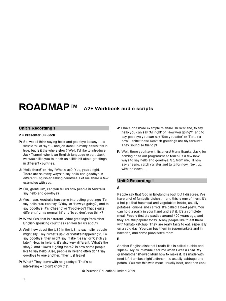 Roadmap: A2+ Workbook Audio Scripts | PDF | Foods | Cuisine