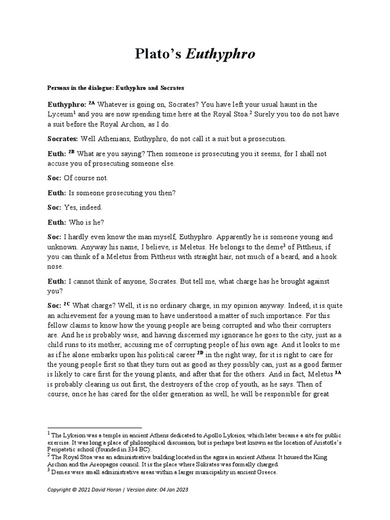 Platos Euthypro English Translation by David Horan | PDF | Socrates