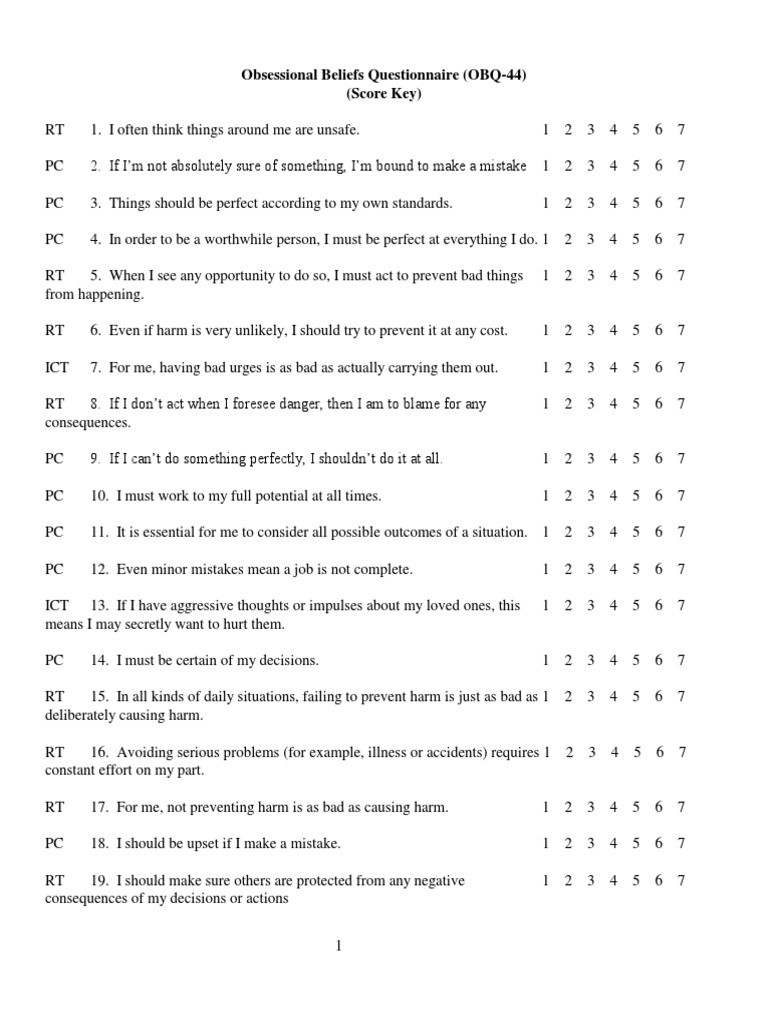 08a Obsessional Beliefs Questionnaire Score Key | PDF | Behavioural ...