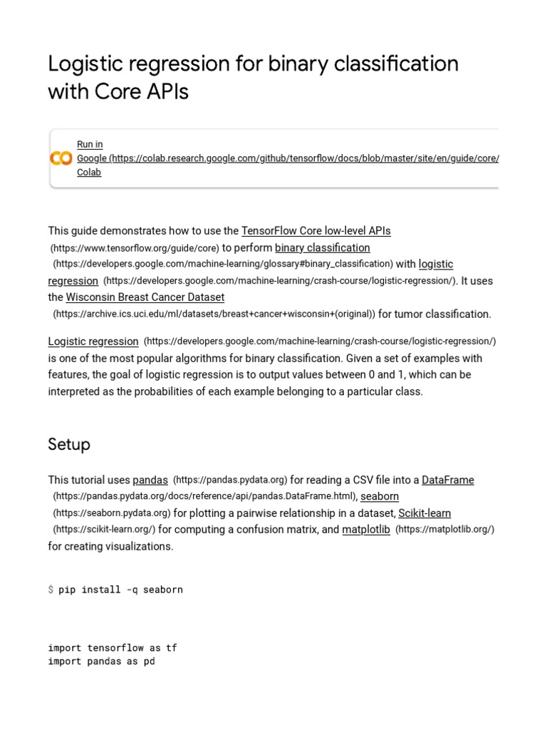 Logistic Regression For Binary Classification With Core APIs - TensorFlow Core | PDF | Linear ...