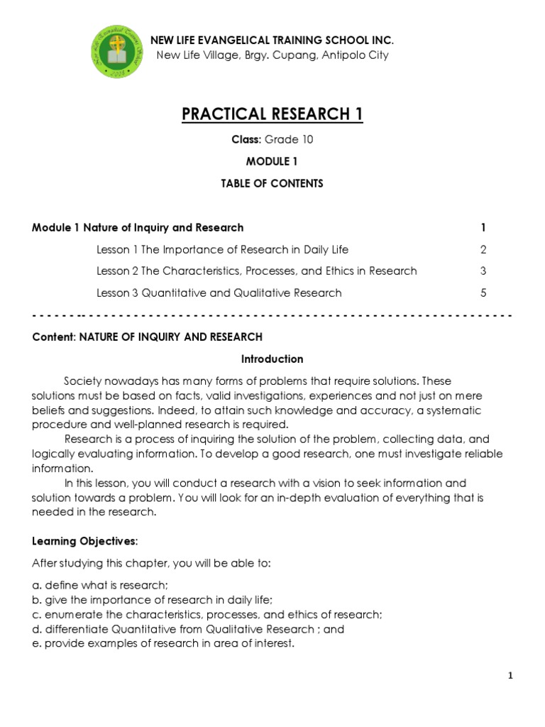 PRACTICAL RESEARCH 1 (M1) GRADE 10 | PDF | Quantitative Research ...