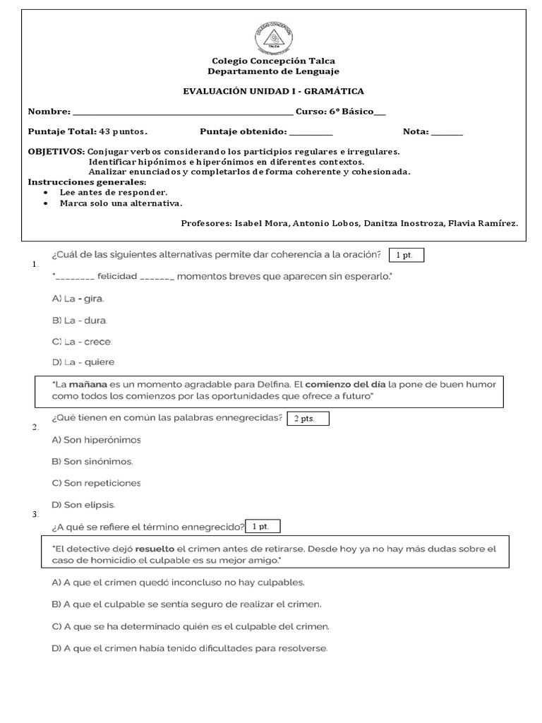 Prueba Gramática 6 Básico Pdf