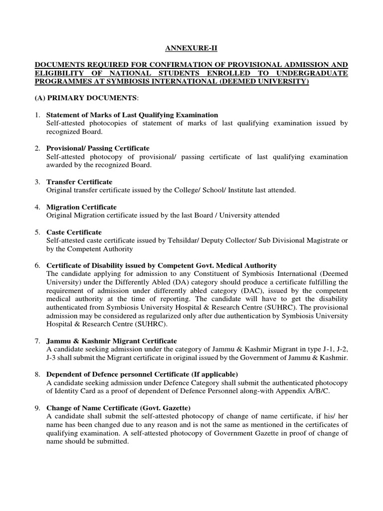 Documents Required for Confirming Provisional Admission and ...