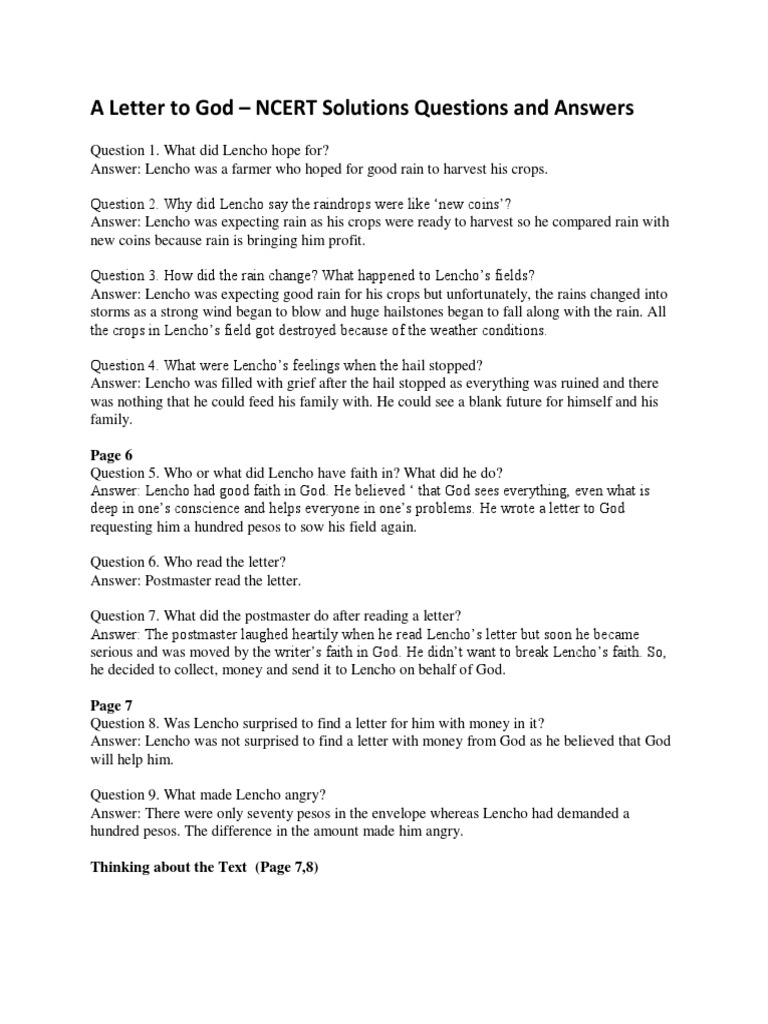 A Letter To God - NCERT Solutions Questions and Answers | PDF ...