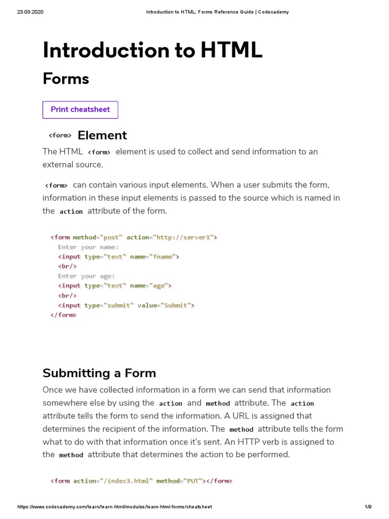 Introduction To Html Forms Reference Guide Codecademy Pdf Html Element Html