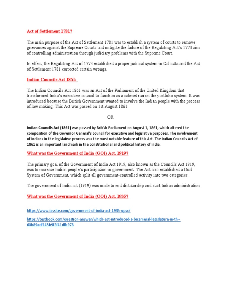 Act of Settlement 1781?: Indian Councils Act (1861) Was Passed by ...