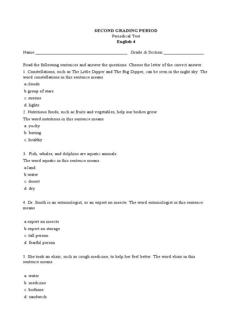 Grade 4 English 2nd Periodical Test | PDF | Noun | Linguistics