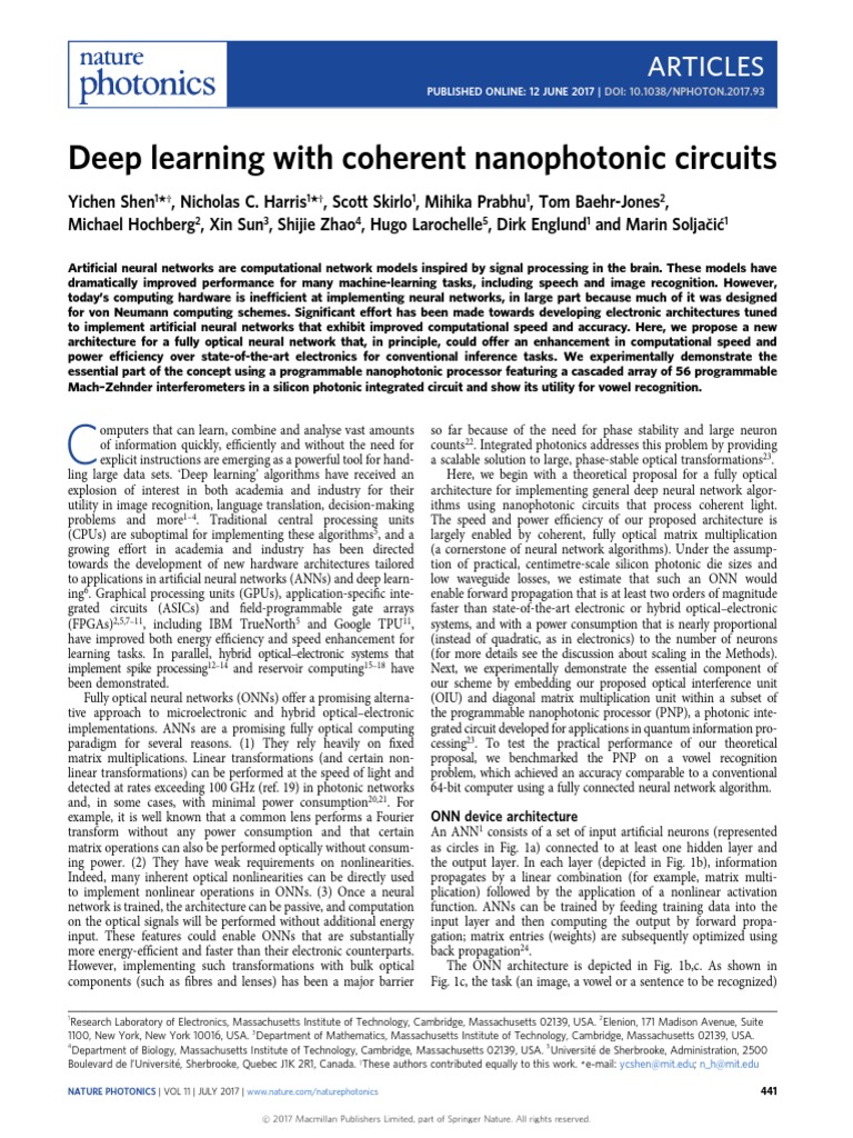 Deep Learning With Coherent Nanophotonic Circuits: Articles | PDF | Artificial Neural Network ...