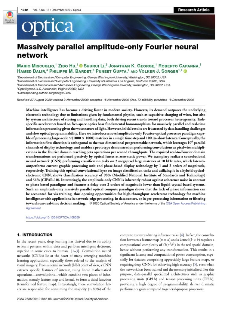 Massively Parallel Amplitude-Only Fourier Neural Network | PDF | Convolution | Computer Science