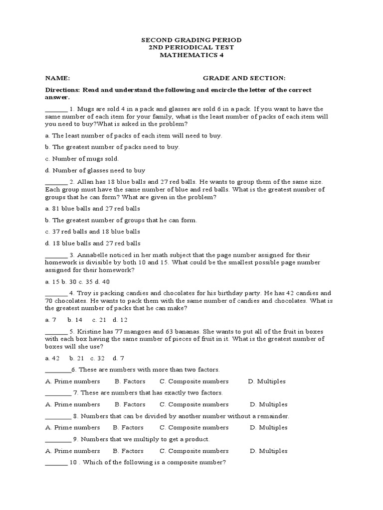 Grade 4 Math 2nd Periodical Test | PDF | Prime Number | Mathematics