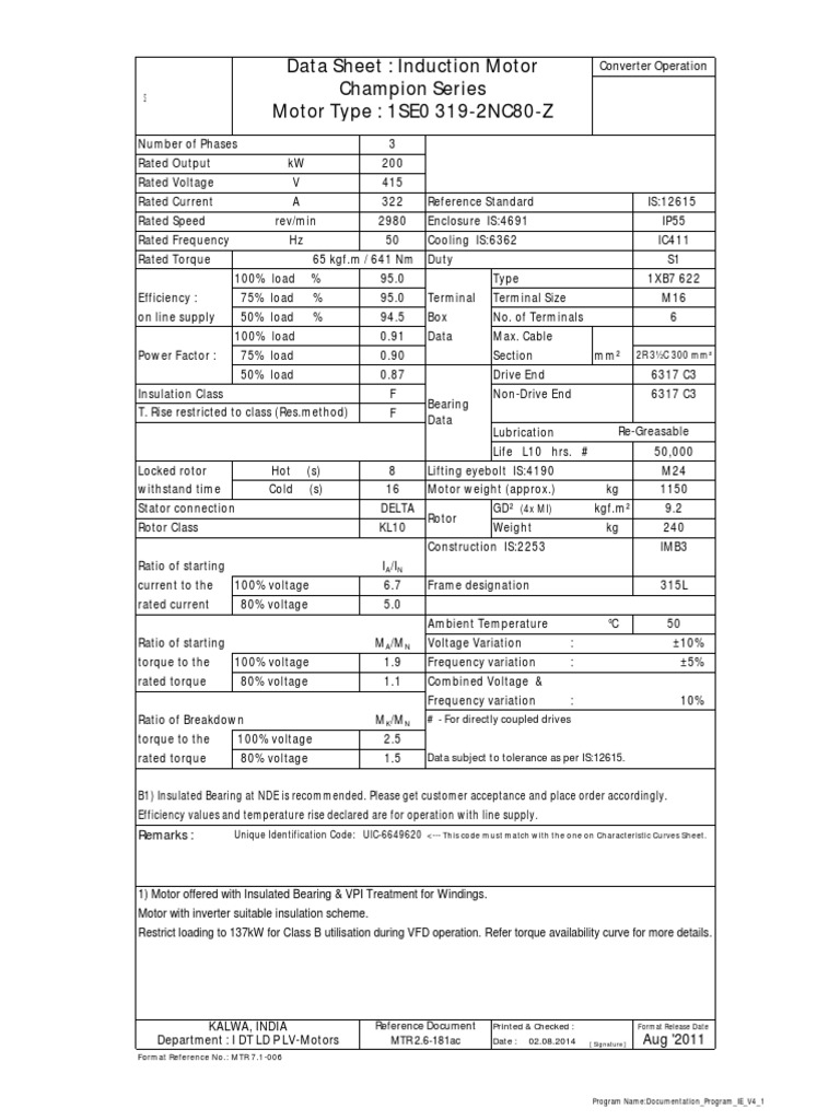 Data Sheet: Induction Motor Champion Series Motor Type: 1SE0 319-2NC80 ...