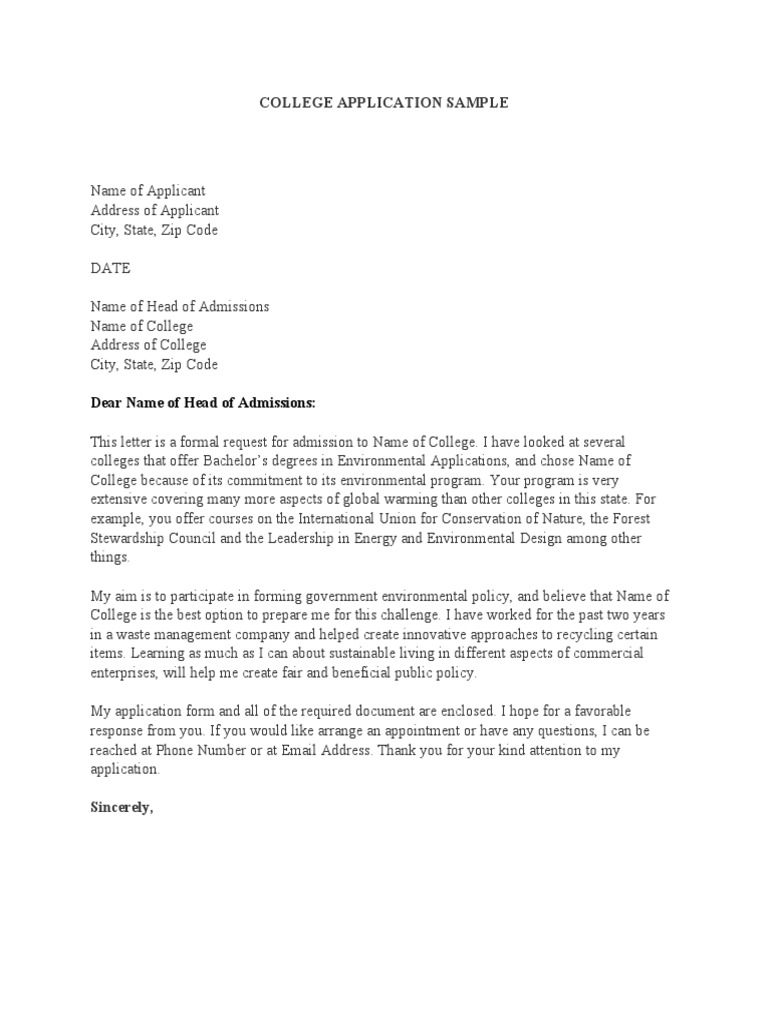 College Application Sample: Dear Name of Head of Admissions | PDF ...