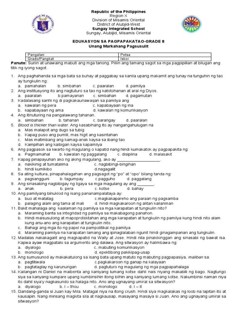 ESP Grade 8 Periodical Exam | PDF