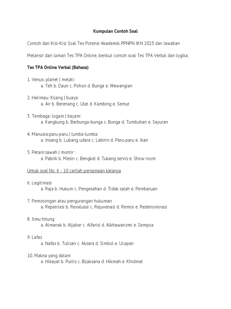 Kumpulan Contoh Soal Tes PPNPN IKN 2023 | PDF