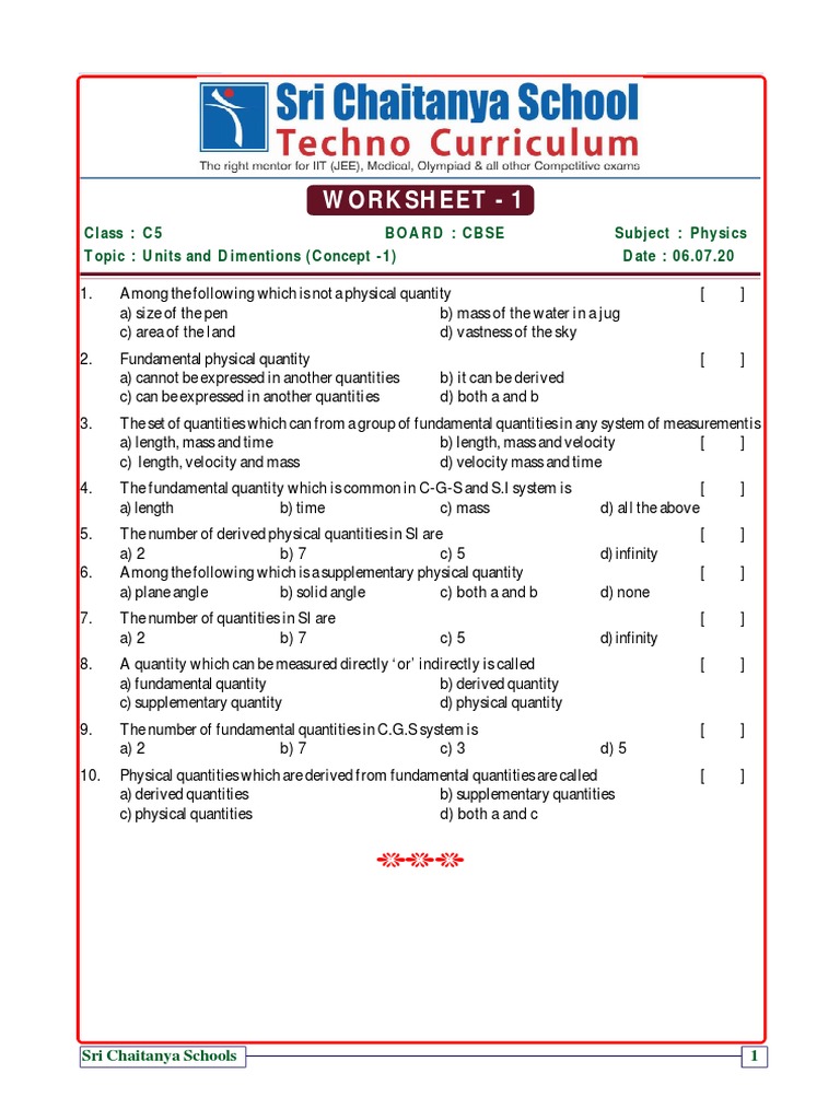 Worksheet - 1: Physics - W.S - 1 C5 - Cbse | PDF | Quantity | Physical Sciences