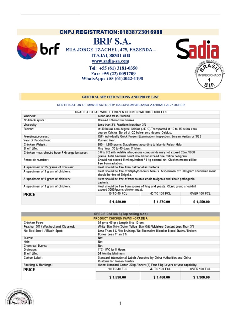 Sadia Chicken Specification & Price Offer - 2023 | PDF | Meat | Foods