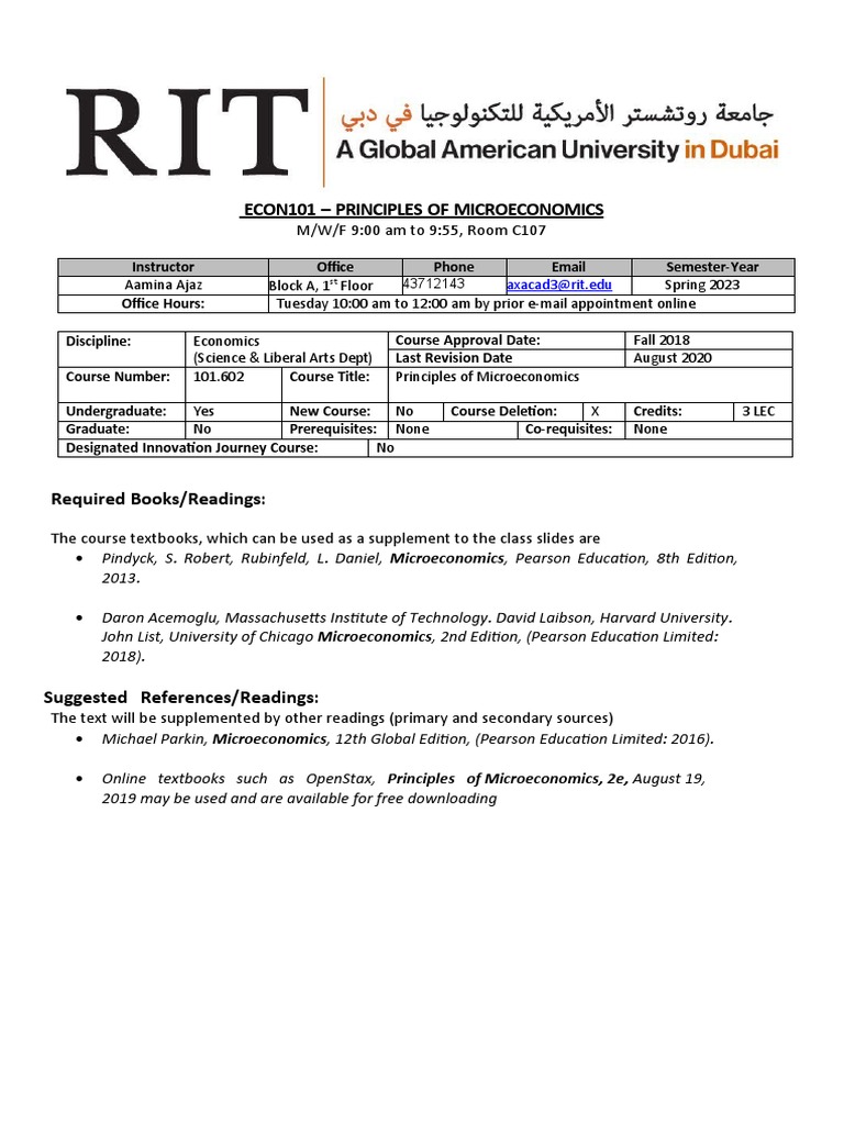 ECON101.602 Spring 2023 - Syllabus - Aamina Ajaz | PDF | Monopoly | Elasticity (Economics)