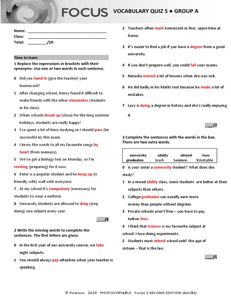 Vocabulary Quiz 5 Group A: © Pearson 2020 Photocopiable Focus 2 Second ...