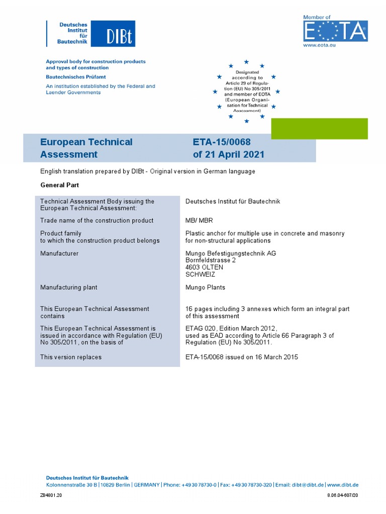 European Technical Assessment of Nylon Frame Fixing - 15-0068-MB-MBR | PDF
