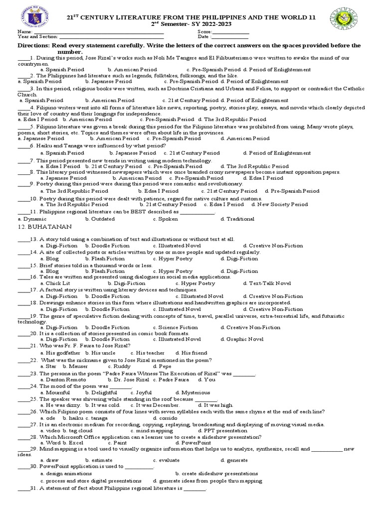 TQ 2nd WITH ANSWER KEY | PDF | Novels | Multimedia
