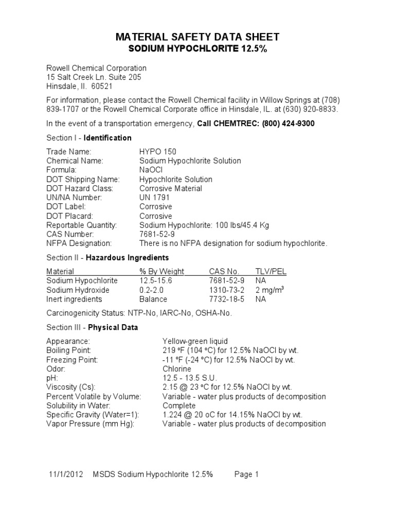 Sodium-Hypochlorite - Msds | PDF | Chlorine | Occupational Safety And ...