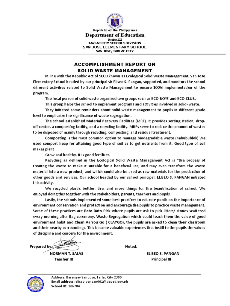 Department of Education: Accomplishment Report On Solid Waste ...