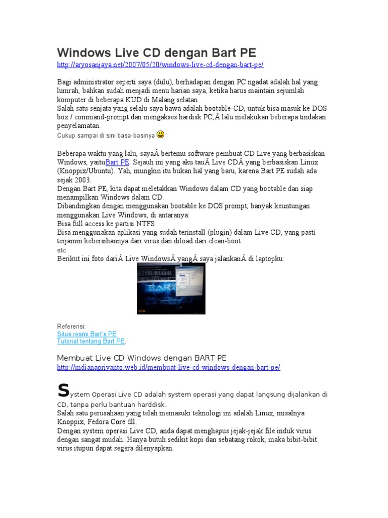 Windows Live CD Dengan Bart PE | PDF