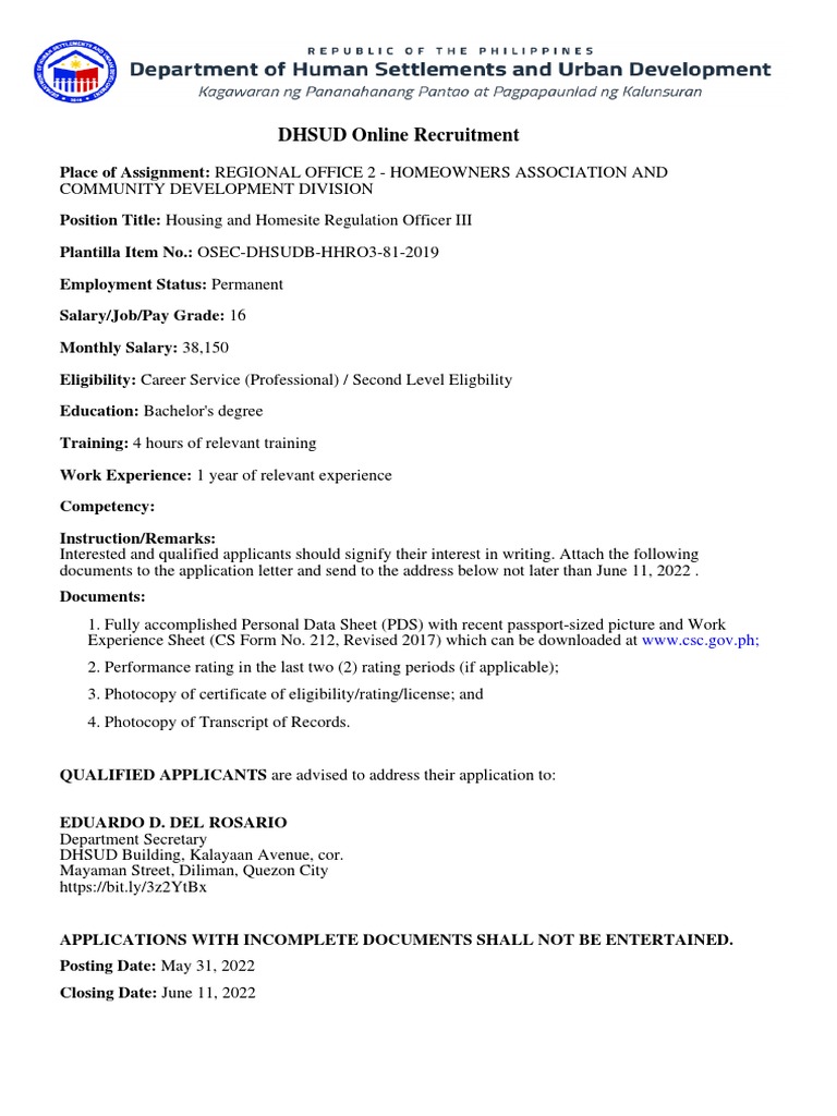 DHSUD Job Vacancy: Housing Officer III | PDF | Finance & Money Management