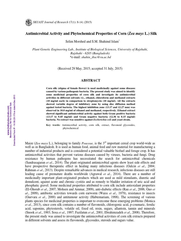 Antimicrobial Activity and Phytochemical Properties of Corn (Zea Mays L.) Silk | PDF ...