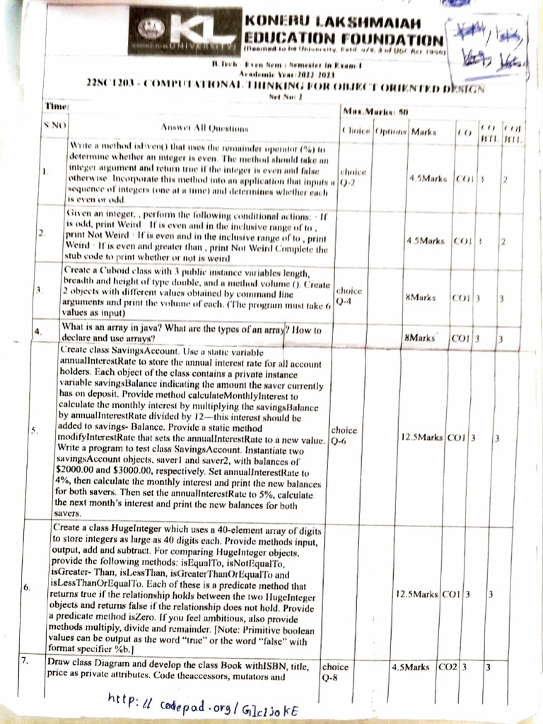 Y1s2 2023 Even Insem2 Qps Pdf Method Computer Programming Class Computer Programming