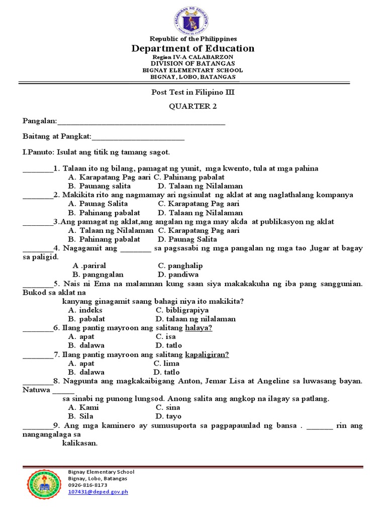 Pre-Test - Filipino 3 | PDF