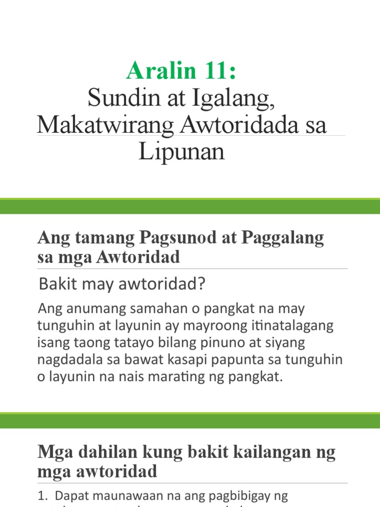 Aralin 11 - Sundin at Igalang Makatwirang Awtoridad Sa Lipunan | PDF