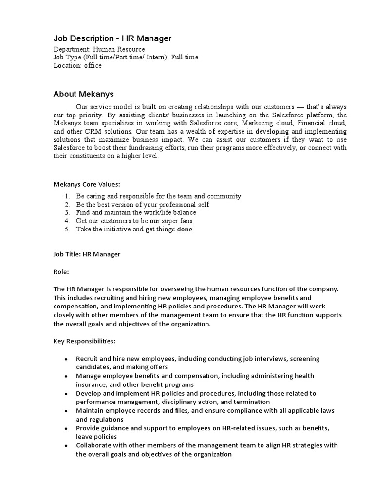 Job Description HR Manager | PDF | Human Resources | Employment