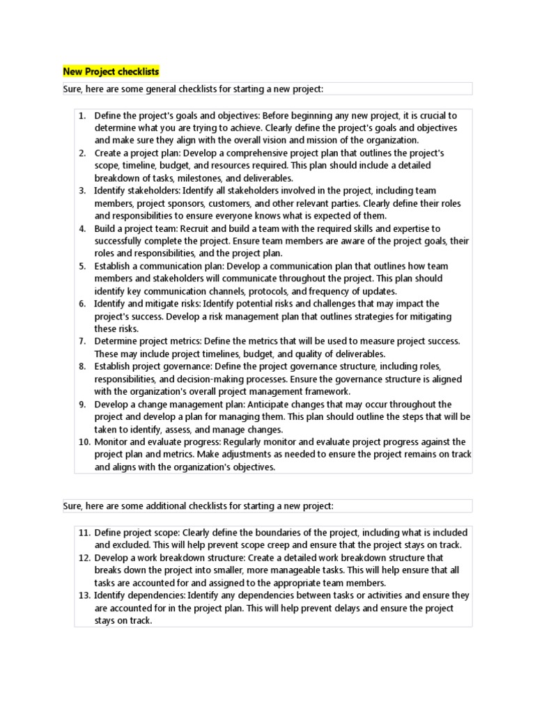 New Project Checklists | PDF | Governance | Project Management