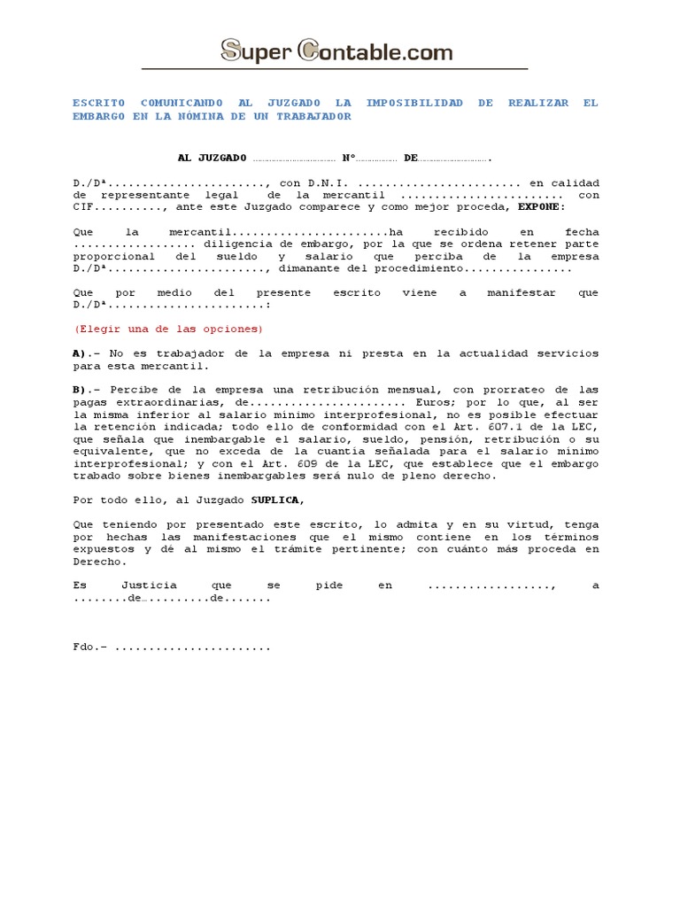 Escrito Imposibilidad Embargo | PDF