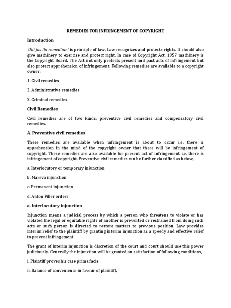 Remedies For Infringement of Copyright | PDF | Legal Remedy | Injunction Remedies For Infringement of Copyright | PDF | Legal Remedy | Injunction
