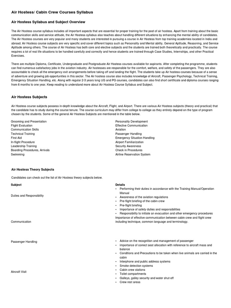 Air Hostess/ Cabin Crew Courses Syllabus | PDF | Flight Attendant ...