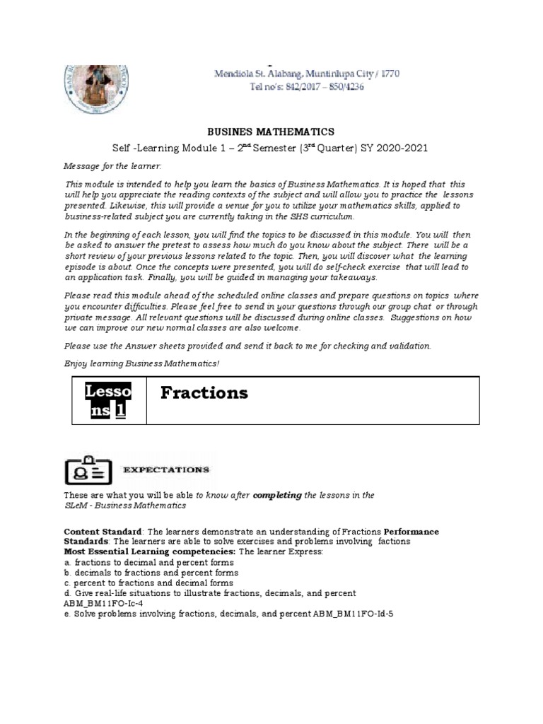 BUS MATH Q3 L1. SLeM - 2S - Q3 - W1 - Fraction | PDF | Mathematical Notation | Mathematics