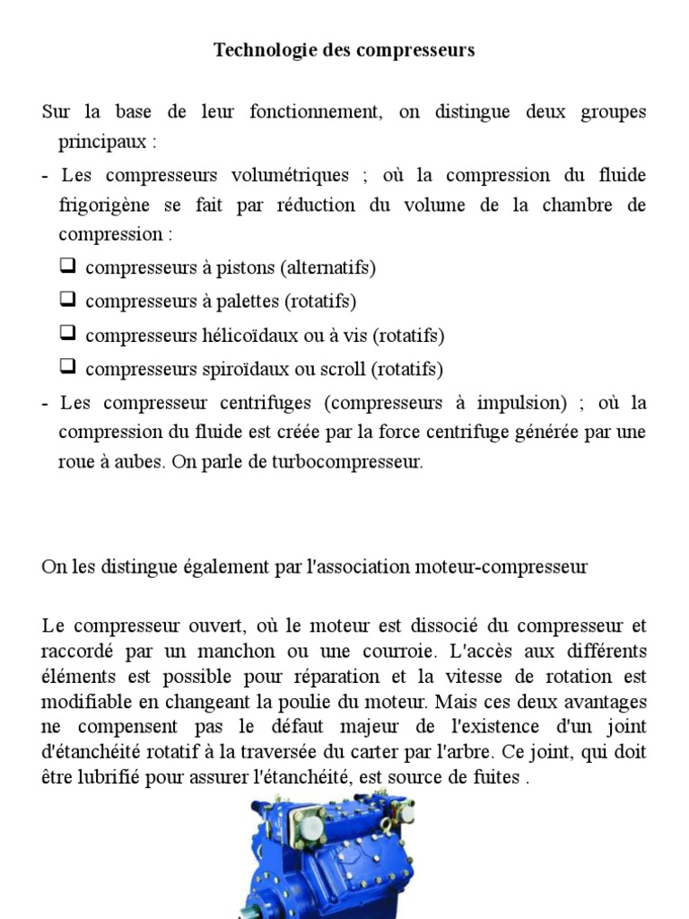 Types et Fonctionnement des Compresseurs | PDF | Piston | Transfert thermique