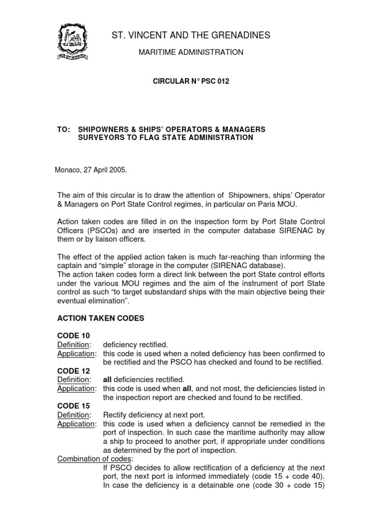 PSC 012 PSC MOU Action Taken Codes | PDF