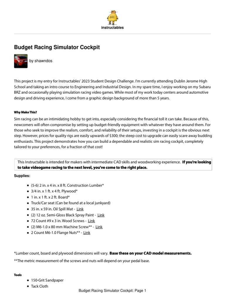 DIY Budget Wood Racing Cockpit Plans | PDF | Lumber | Drill