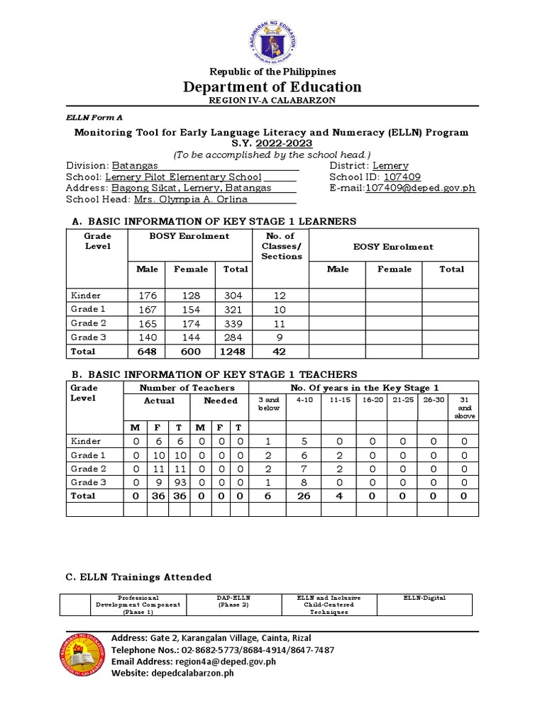 ELLN Monitoring Tool for 2022-2023 | PDF | Literacy | Teachers